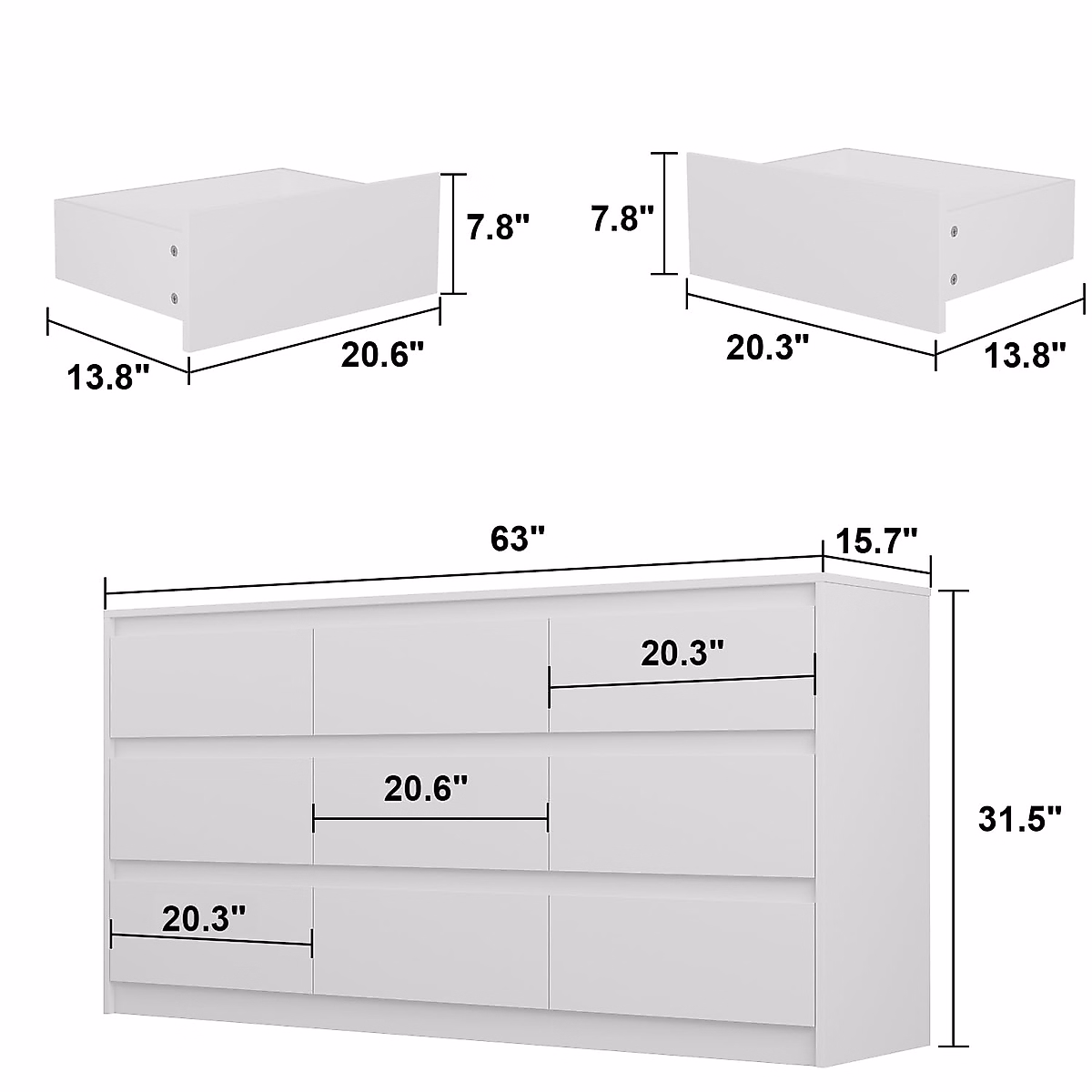 FAMAPY Chest of Drawers White Dresser No Handle, Modern 9 Drawer Dresser, Contemporary Style, 9-Drawer Cabinet Dresser for Bedroom (63" W x 15.7" D x 31.5" H)