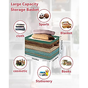 Storage Bins Retro Rustic Barn Wood Teal Green Brown Storage Box Foldable Storage Basket for Shelves Storage Cubes Bin for Organizing Closet Nursery Toy Organizers with Handles