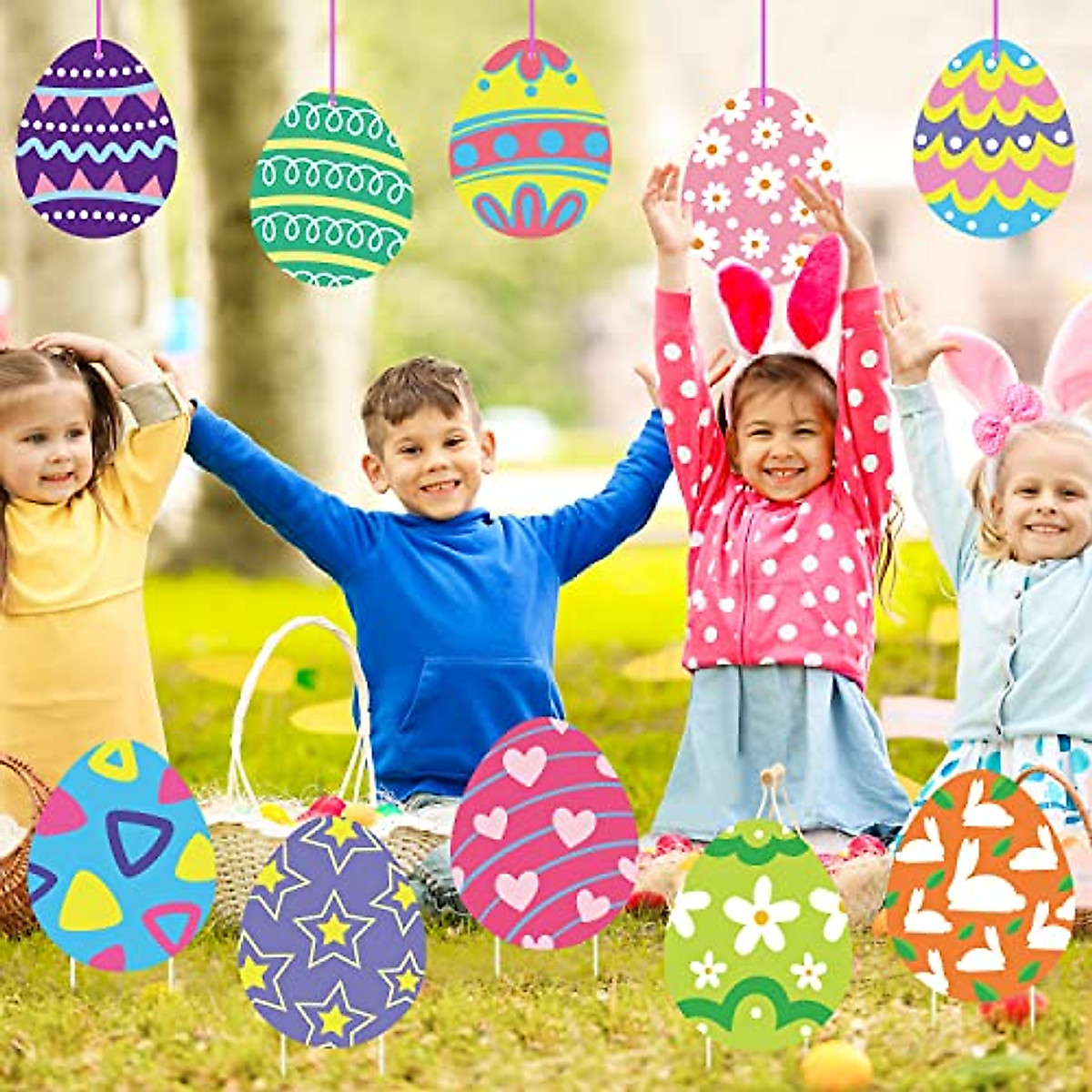 WATINC 10Pcs Easter Yard Sign Hanging Ornaments Bunny Eggs Flower Heart Star Outdoor Lawn Signs Hunt Games Spring Party Decorations Photo Props for Outside Garden Tree Wall with Stakes & Ribbons