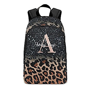 Urcustom Personalized Name Leopard Print Monogram Backpack Unisex Bookbag for Boy Girl Travel Daypack Bag Purse 17.7 IN