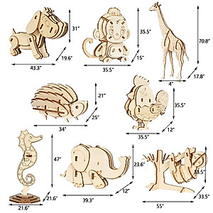 LRIGYEH 3D Wooden Animal Puzzles for Kids Wood Building Kits Including Puppy, Liraffe, Monkey, Hedgehog, Seahorse, Elephant, Rooster and Sloth | STEM Toy Gift for Kids and Adults