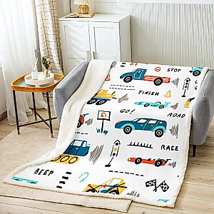 Cartoon Car Boys Throw Blanket Cute Hand Drawn Tractors Truck Blankets Colorful Vehicles Fleece Blanket for Teens Kids Room Decor Modern Traffic Sherpa Blanket White,for Chair/Sofa,90"x90"