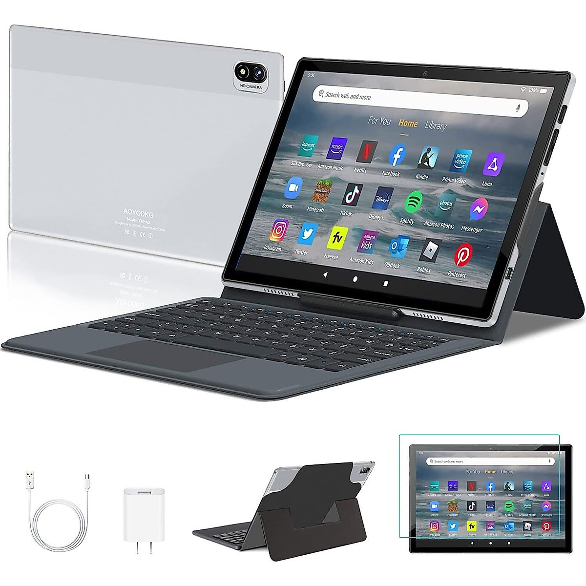 2023 Newest Tablet with Keyboard 10 Inch, Android Tablet Newest Octa-core Processor,6GB RAM + 64GB ROM Storage 2 in 1 Tablet with 2 Sim Slot+5G Dual WiFi network, Tablet 1920x1200 HD Display -Silver