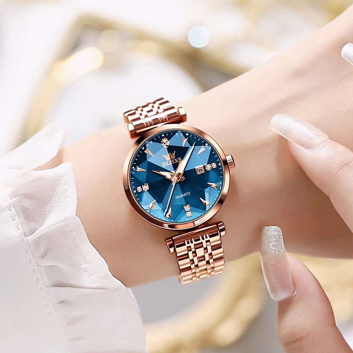 OLEVS Women Watch Fashion Rose Gold Diamond Analog Quartz Female Watch for Women Luxury Dress Ladies Stainless Steel Luminous Waterproof Date Wrist Watch Blue