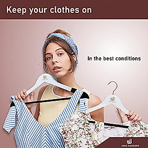 Unic Hangers - Non Slip White Wooden Hangers 10 Pack– Thin Hangers Velvet on Shoulders and Bar for Clothes. Hangers with 360° Swivel Hooks. Chic Wood Coat Hangers for Closet for a Classy Wardrobe