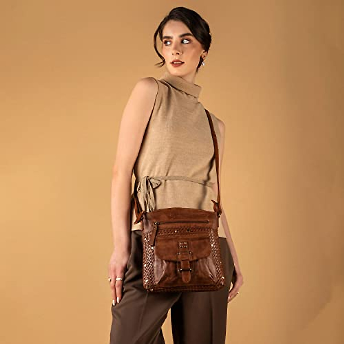 Sling Bags for Women Genuine-Leather - Vintage Multi Pocket Crossbody Purse (Copper)