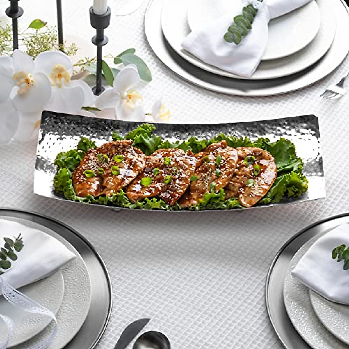 Colleta Home Rectangular Stainless Steel Serving Tray- Silver Serving Tray and Platters- Decorative Centerpiece- Hammered Tray