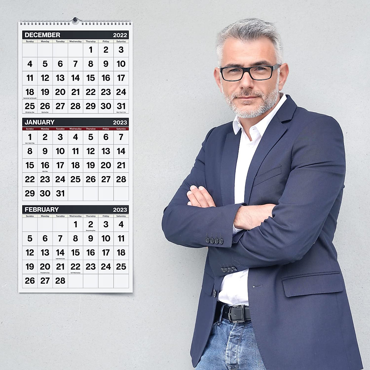 CRANBURY 3-Month Wall Calendar 2023 - (Classic, 11x26" Open), Three Months Wall Calendar with 3-Month View, Big Wall Calendar, Spiral Bound, Ships Folded