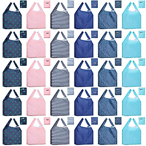 Paterr 30 Pack Mixed Color Reusable Shopping Grocery Bags Foldable Grocery Bags with Handle Kitchen Machine Washable Reusable Bags Heavy Duty Strong Capacity Tote Bag with Pouch for Home, 6 Styles