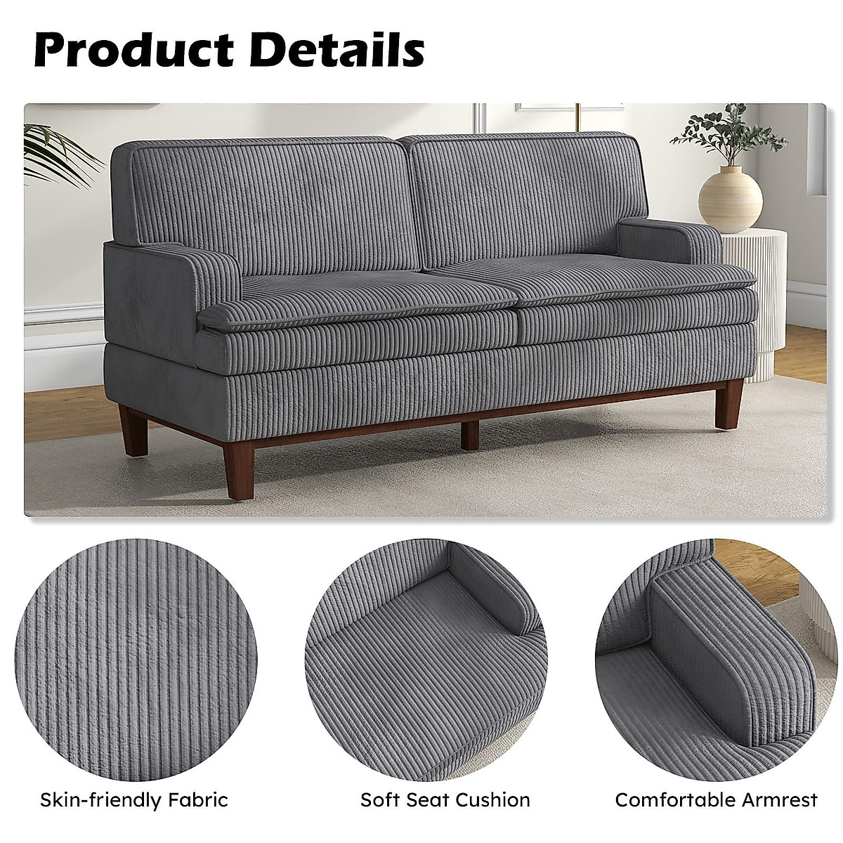 EBELLO 75” Soft Luxury Corduroy Fabric Sofa, Small 3 Seat Sofa for Living Room with Padded Seat, Overstuffed Backrest, Solid Wood Frame Small Sofa for Small Space, Apartment, Grey