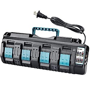 DC18SF 18V LXT Lithium‑Ion 4-Port Battery Charger, Philophca Rapid Charger with Dual USB Port Replace for Makita 18 Volt Battery Charger DC18RC DC18RD DC18RA Compatible with Makita 14.4V-18V BL1830