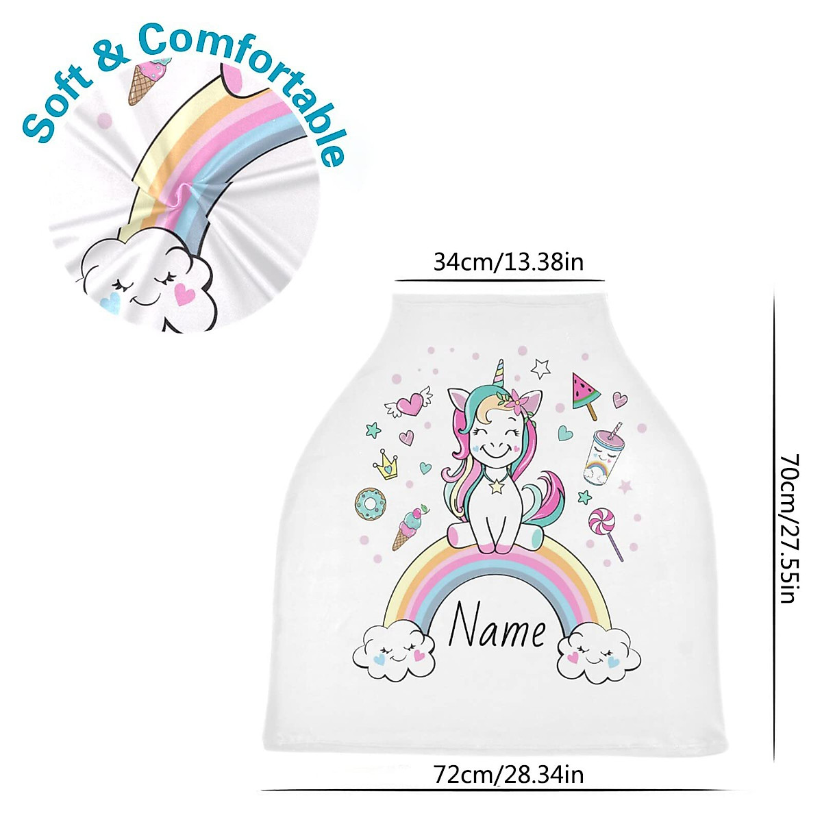Custom Personalise Cute Unicorn Rainbow Baby Car Seat Covers Donut Ice Cream Carseat Canopy Soft Infant Stroller Cover Nursing Breastfeeding Covers for Girls Boys Newborn Fit Summer Spring Autumn