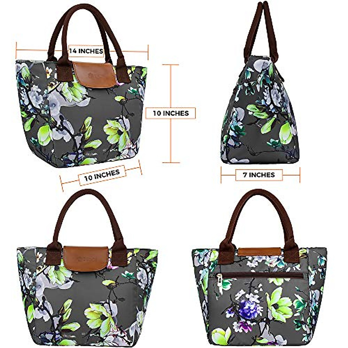 OPUX Large Lunch Bags for Women, Insulated Lunch Tote for Adult Women Work, Tall Reusable Lunch Box Purse for Girls with Pockets for Work Office, Lunch Cooler for Meal Prep, 15 Cans (Floral Gray)