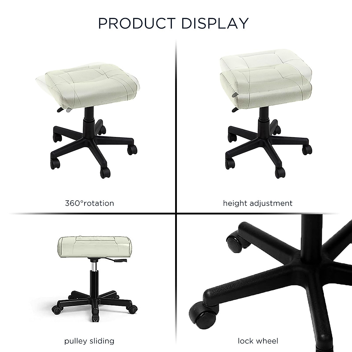 Adjustable Footrest Ottoman Stool with 360° Rolling Wheels Ergonomic Footrest Under Desk Foot Rest for Home or Office Use (Beige)