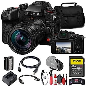 Panasonic Lumix GH6 Mirrorless Camera with 12-60mm f/2.8-4 Lens (DC-GH6LK) + Sony 64GB Tough SD Card + Card Reader + Case + Tripod + Hand Strap + Memory Wallet + Cap Keeper + Cleaning Kit (Renewed)