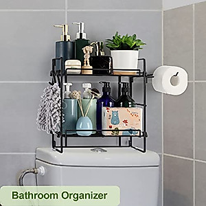 SHINOSKE Over The Toilet Storage, 2 Tier Bathroom Organizer Shelves Over Toilet and Wall Mounted Design, No Drilling Needed to Save Space, with Hook and Paper Holder（Black）