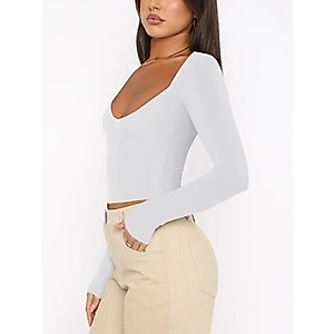 REORIA Women's Sexy Trendy V Neck Long Sleeve Slim Fitted Tshirts Fall Going Out Party Causal Basic Y2k Crop Tops White Medium