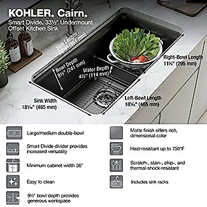 KOHLER Neoroc Undermount Double Bowl Kitchen Sink, Composite Sink with Smart Divide, 33" Double Offset Bowl with Sink Racks