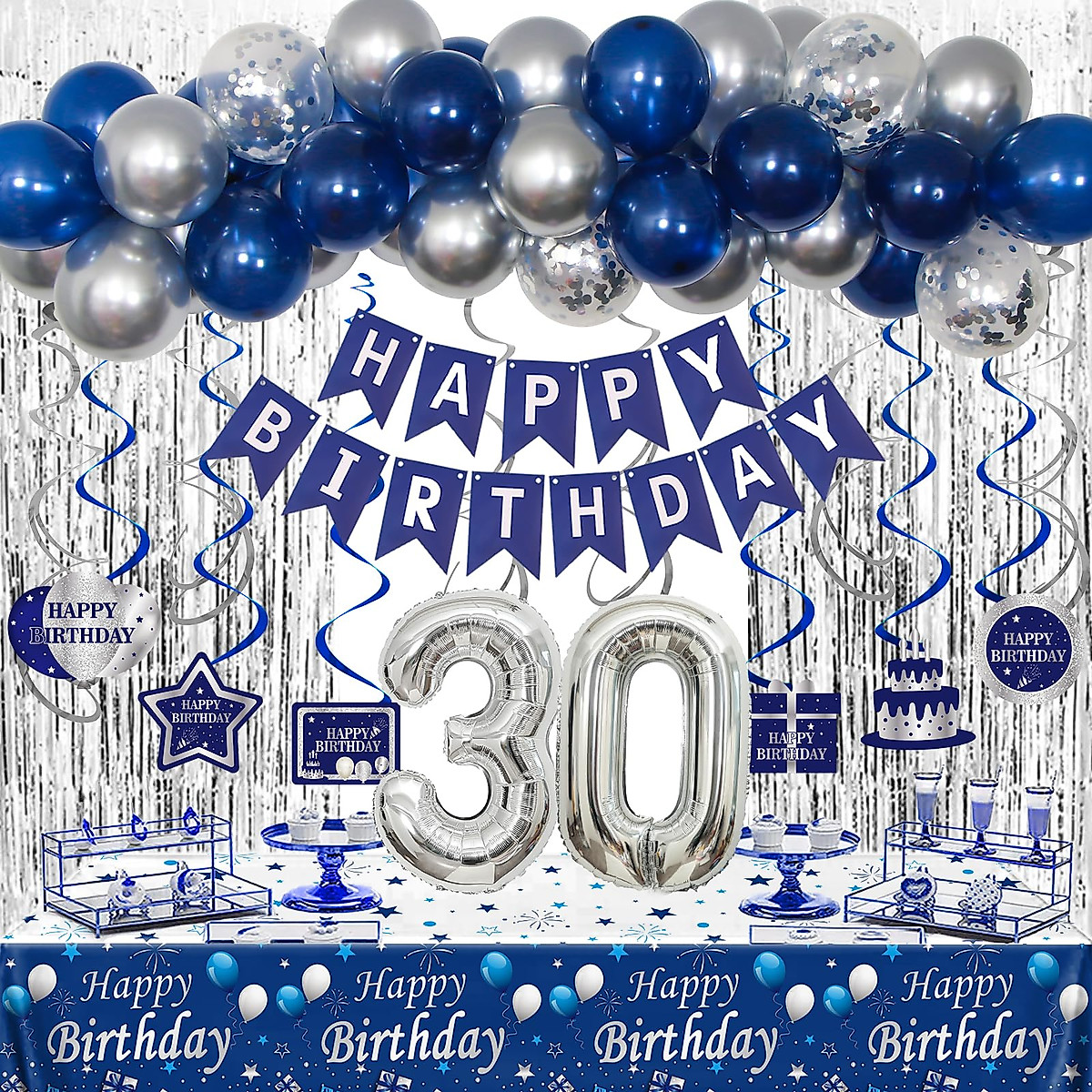 30th Birthday Decorations for Him, Blue and Silver 30th Birthday Party Decorations for Men, Happy Birthday Banner 30th Birthday Balloons Tablecloth Fringe Curtains Hanging Swirls Bday Party Supplies