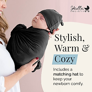 Stroller Society - Newborn Swaddle and Hat Set, Stretchy and Comfortable Baby Swaddle Blanket, Use as Receiving Blanket, Toddler Blanket and More, Black, 47 x 47 inches
