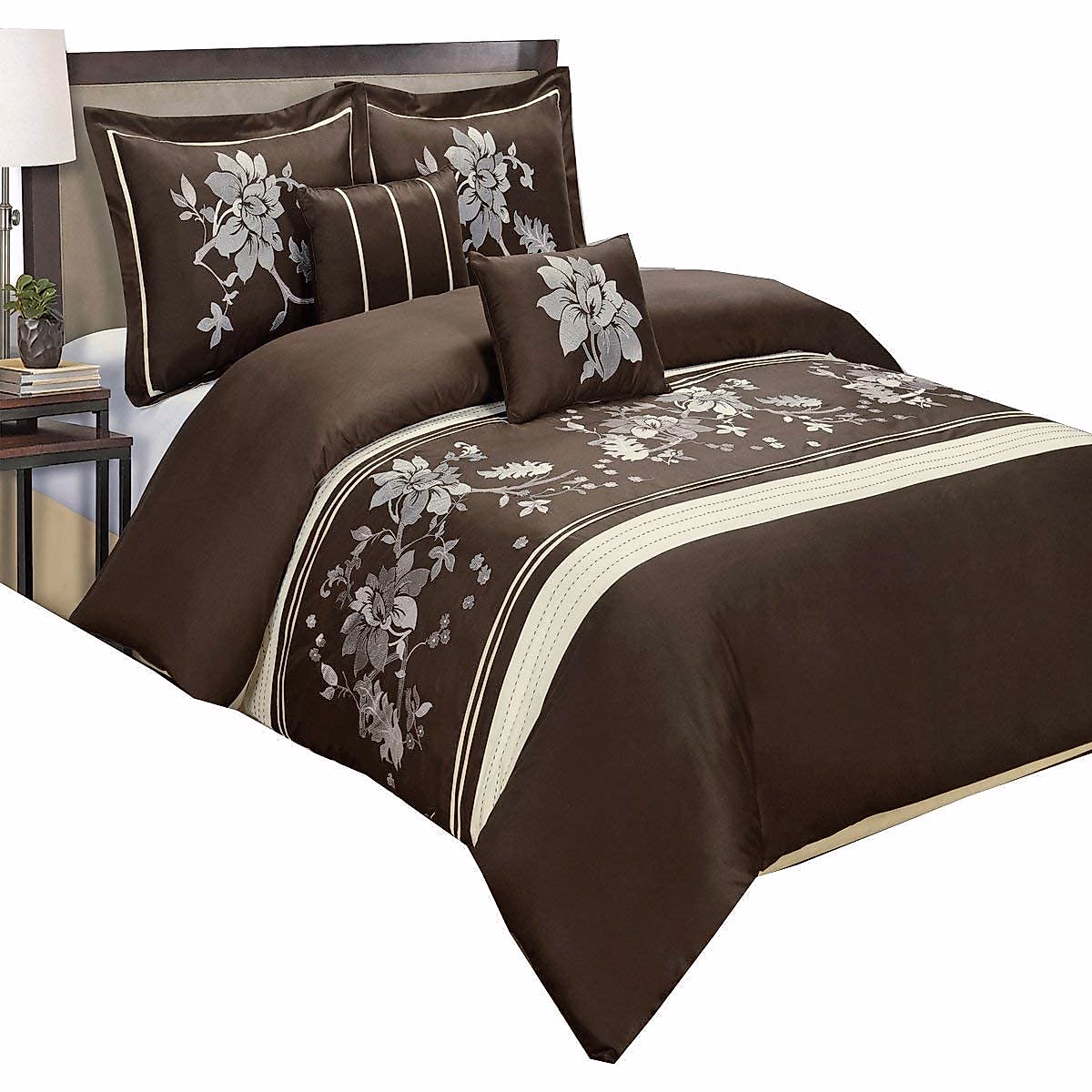 5PC Myra King/Cal-King Embroidered Duvet Cover Set, Chocolate, by Royal Hotel