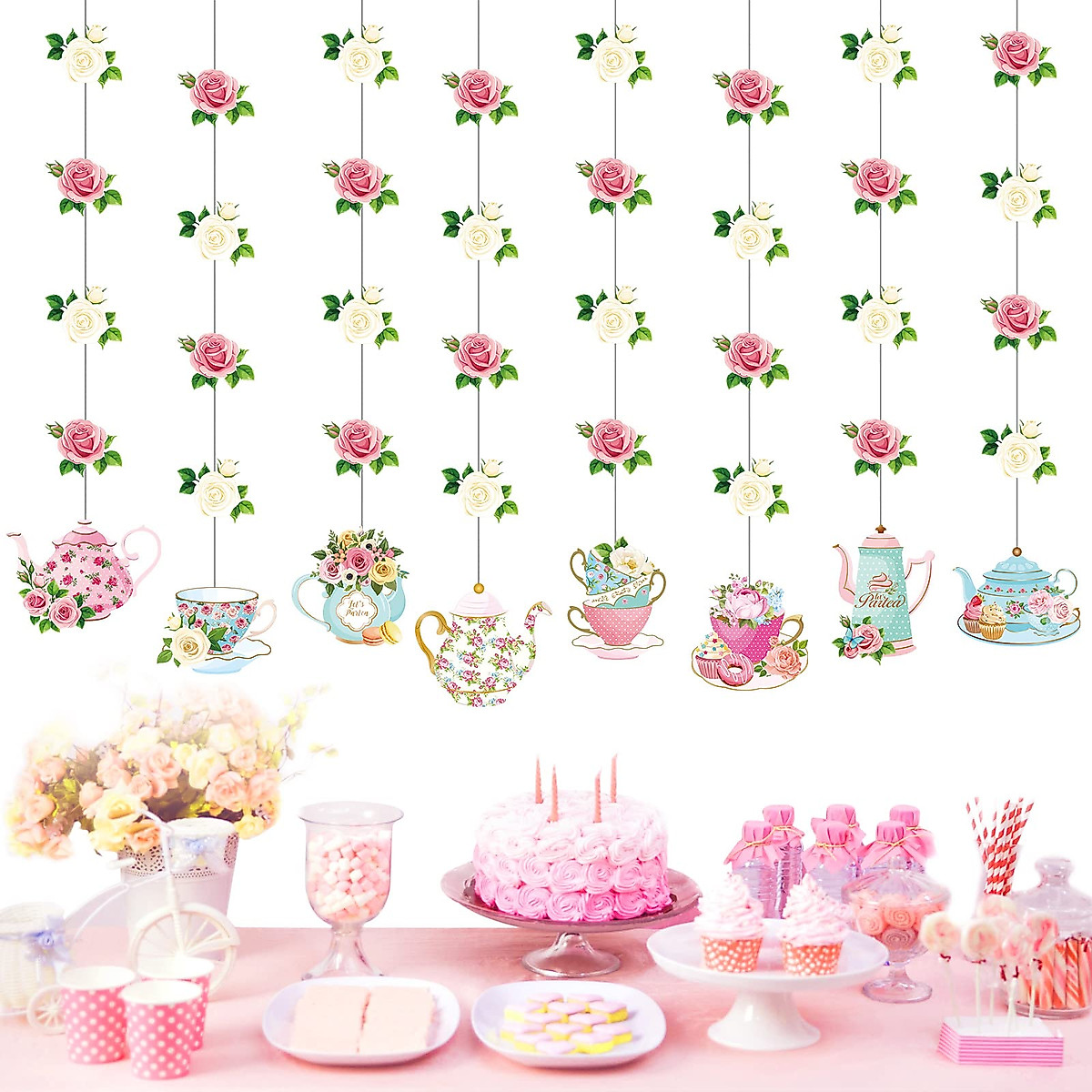 Tea Party Decorations Floral Tea Party Double Sided Hanging Garland Decorations Favors for Baby Shower Gender Reveal Birthday Bridal Wedding Girls Tea Party Birthday Decorations 32" 8 Pack