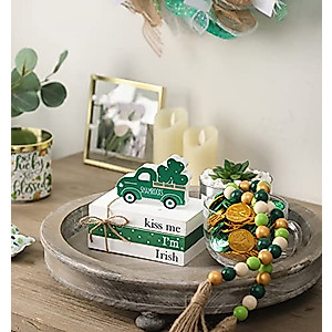 St. Patrick's Day Tiered Tray Decor, 1 St. Patrick's Wood Book Stack, 1 Bead Garland, I’m Irish Shamrock Mini Faux Decorative Books Bundle, Farmhouse St. Patrick's Party Table Mantle Decor