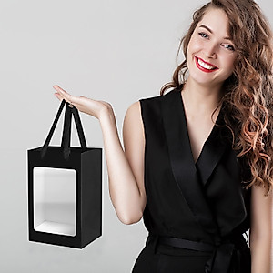 12 Pcs Black Kraft Paper Gift Bags with Transparent Window, 9.84"x7.0"x5.12" Kraft Shopping Bags with Handles for Present, Festivals Party