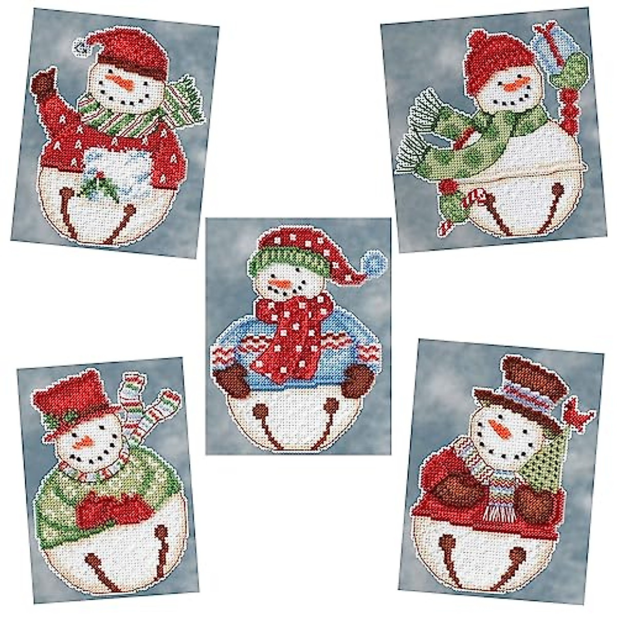 Debbie Mumm Snowbells Snowmen (2014), Set of 5 Mill Hill Winter Themed Beaded Cross Stitch Ornament Kits, Plus Decorative 'Needlworker' Sticker