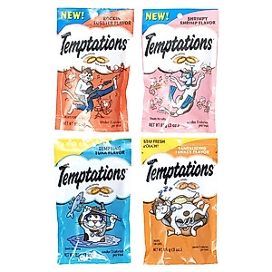 Temptations Cat Treats Variety Pack Bundle of 4 Flavor Pouches (Rockin? Lobster, Shrimpy Shrimp, Tempting Tuna, Tantalizing Turkey; 3 oz Each)