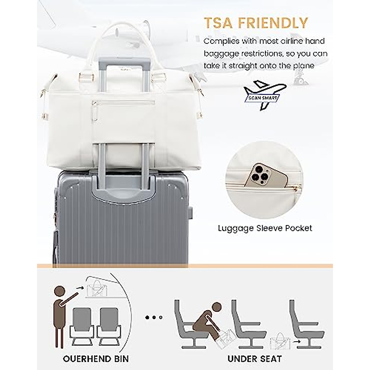 LOVEVOOK Travel Duffle Bag for Women, Leather Carry On Weekender Bag with Toiletry Bag, Cute Overnight Bag Tote Gym Duffel Bag with Wet Pocket for Hospital Yoga Sports Dance White