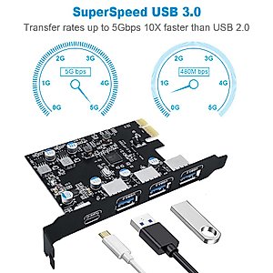 PCI-E to USB3.0 Super Fast Expansion Card 4 Ports(1xUSB-C-3xUSB-A), PCI Express USB Add in Card, Internal Converter PCI Express Expansion Card for Desktop PC Card, Support WindowsXP/7/8/10 and MAC OS