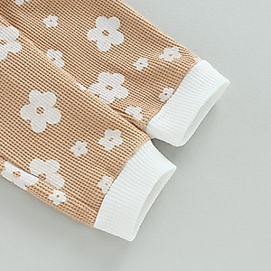 Toddler Baby Girl Fall Winter Outfit Floral Print Long Sleeve Sweatshirt and Elastic Waist Pants Newborn Clothes Set (Waffle Floral Khaki, 12-18 Months)