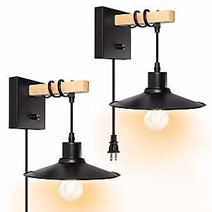 OOWOLF Plug in Wall Sconces Set of Two, Farmhouse Wall Mounted Light with Plug in Cord, Dimmable Black Rustic Wall Lamp for Bedroom, Living Room, with Wood Arm and 59inch On/Off Switch Cord, 2 Pack