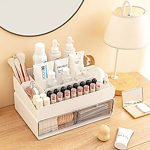 Makeup Organizer, 12-Inches Wide, 25-Compartment Holder for Cosmetics, Skin Care Products, Stackable Make Up Storage Organizer with 2 Drawers, Cosmetic Display Cases for Vanity Countertop Bathroom