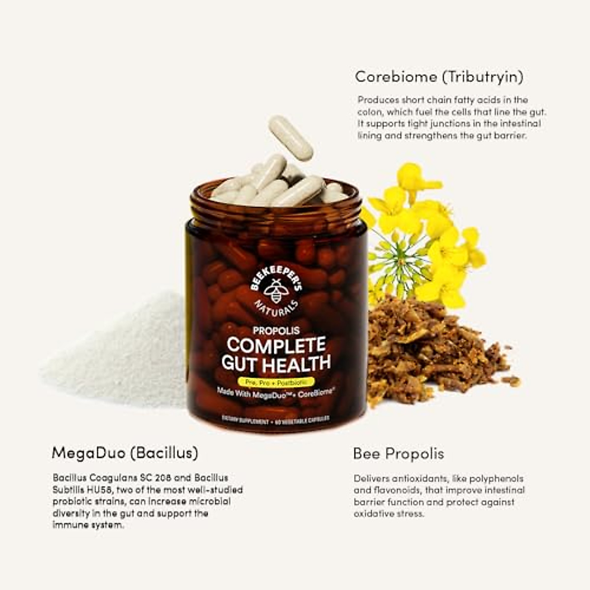 Beekeeper's Naturals Complete Gut Health, 3-in-1 Prebiotic, Postbiotic, Probiotics for Digestive Health & Bloating Relief for Women & Men, Propolis Powered, Gluten-Free Vegan Capsules, 60ct