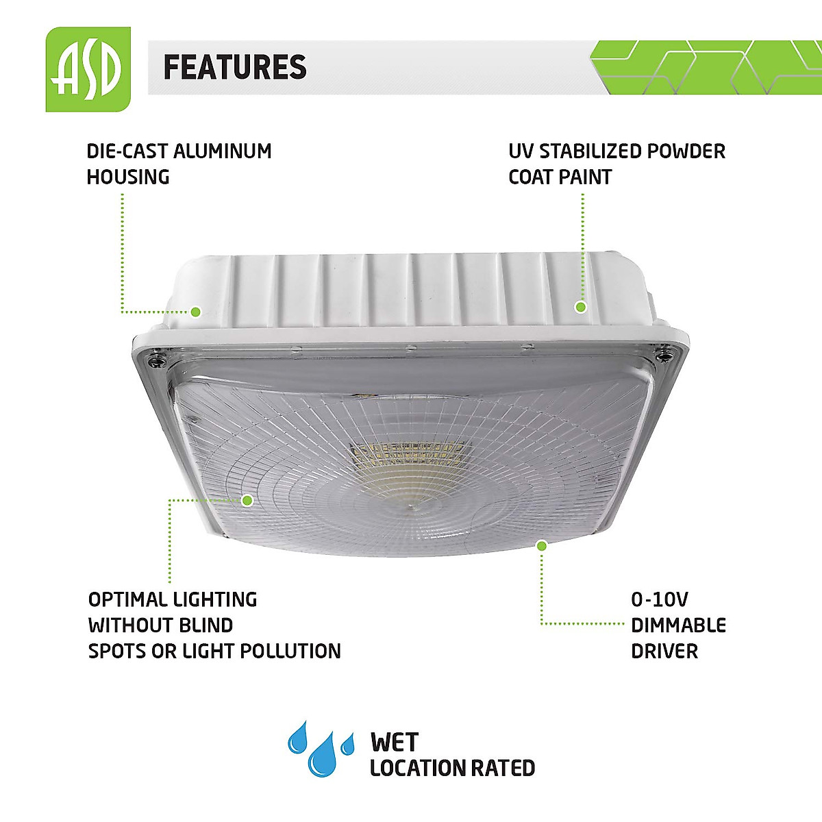ASD LED Canopy Light Outdoor, 70W 8400 Lm Dimmable, Daylight 5000K, 120-277VAC 175W HID/MH Replacement, IP65 Waterproof Gas Station and Garage Ceiling Light 9.6" x 9.6", ETL & DLC Listed, White Finish