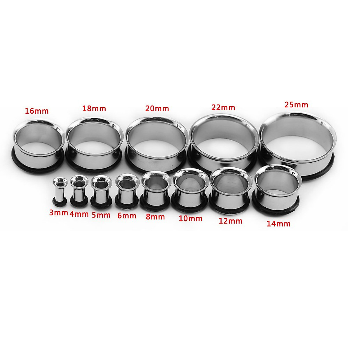 ZS 6 Pairs Surgical Stainless Steel Single Flare Tunnels Flesh Plugs Expander Ear Gauges with Silicone O-Rings (Gauge=00g(10mm))