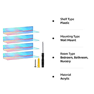 Rainbow Iridescent Acrylic Shelves Floating Wall Ledge Bookshelf Wall Mounted Shelf Display Organizer for Kids Room Bathroom Bedroom Living Room Nursery Office Kitchen (4 Pieces)
