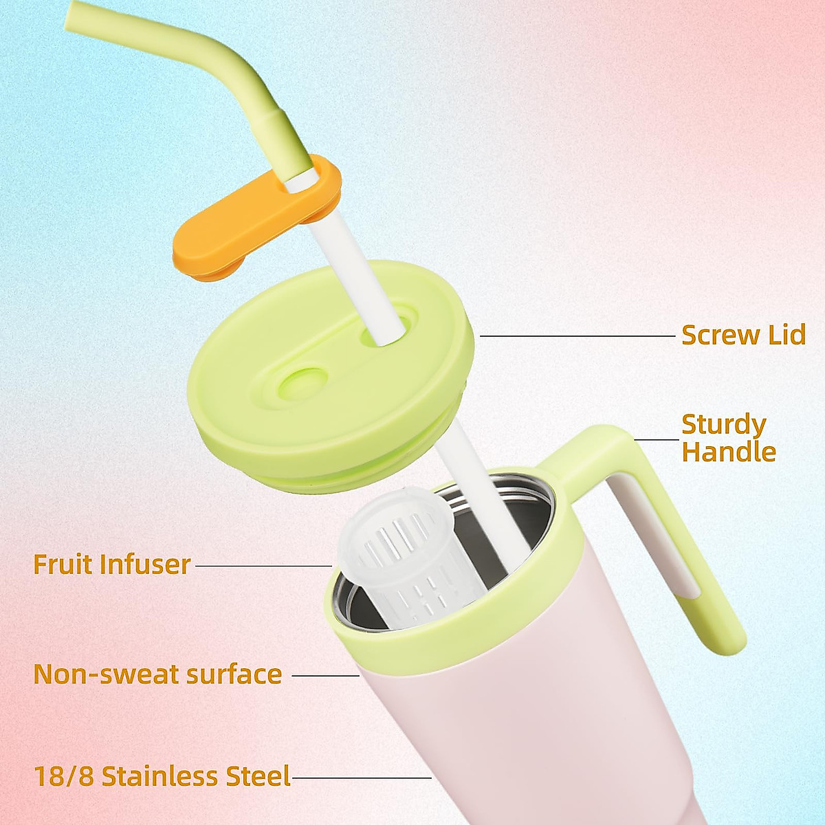 Konokyo Insulated Tumbler with Handle and Straw,40 OZ Vacuum Stainless Steel Water Bottle Travel Mug Metal Cup with Fruit Diffuser,Cherry