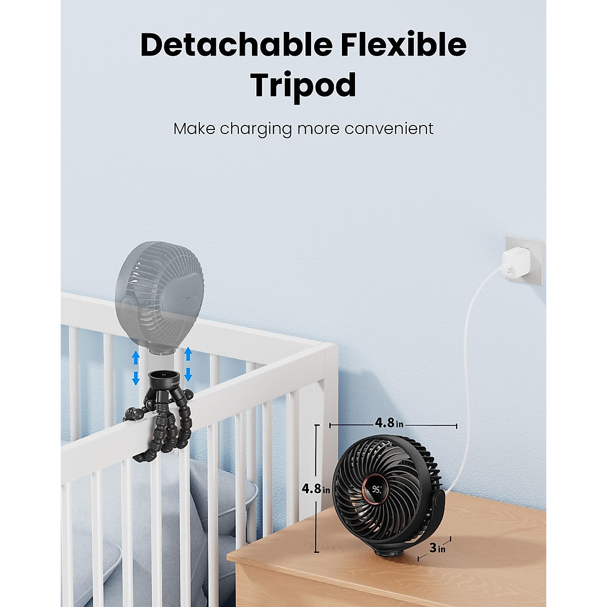 SHEWIND Stroller Fan, LED Light Portable Fan, 3600mAh Battery Operated Small Clip on Fan, 4 Speed Rechargeable Mini Personal Fan Cooling Travel Fan For Car Seat Crib Treadmill (Black)