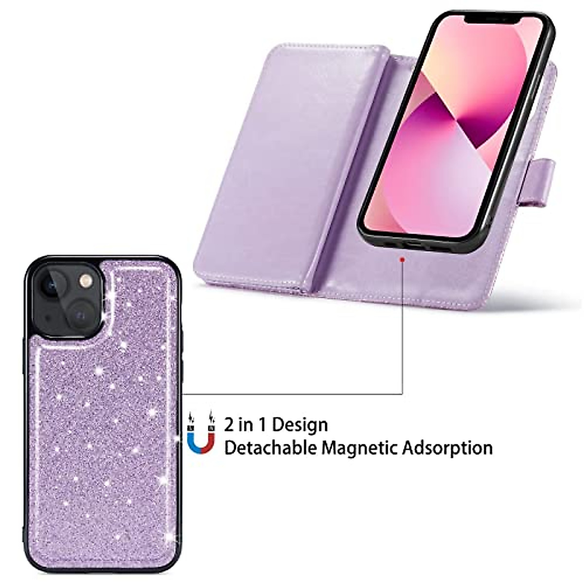 Varikke iPhone 13 Wallet Case - 9 Card Holder, Magnetic Detachable Cover, Kickstand Strap, Glitter PU Leather, Light Purple
