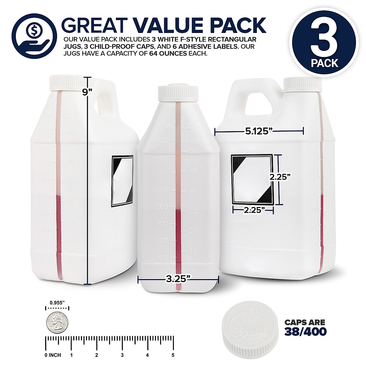Stock Your Home 64 oz Plastic F-Style Half Gallon Jugs with Labels (3 Pack) - Child Proof Leak Resistant Caps - Impact Resistant Plastic Jugs for Commercial or Restaurant Use - Adhesive Stickers