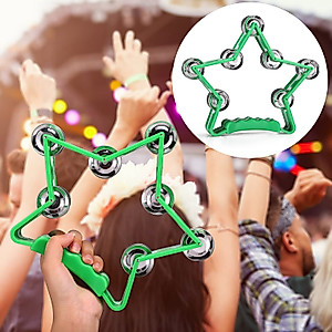 Facnogu 1 Pair Pentagram Handheld Tambourine Handbell Timbrel, Double Row Musical Percussion Instrument with 28 Nickel Steel Jingles - Green