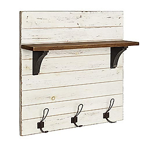 Kate and Laurel Jeran Farmhouse Distressed Shiplap Wood Wall Shelf with 3 Hooks, White