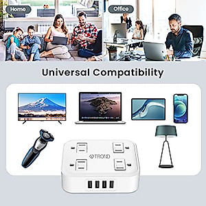 2 Prong Power Strip, TROND 2 Prong to 3 Prong Outlet Adapter, 5ft Extension Cord, 4 Widely Outlets with 4 USB Ports, Wall Mountable, Ideal for Non-Grounded Outlets, No Surge Protector for Cruise Ship