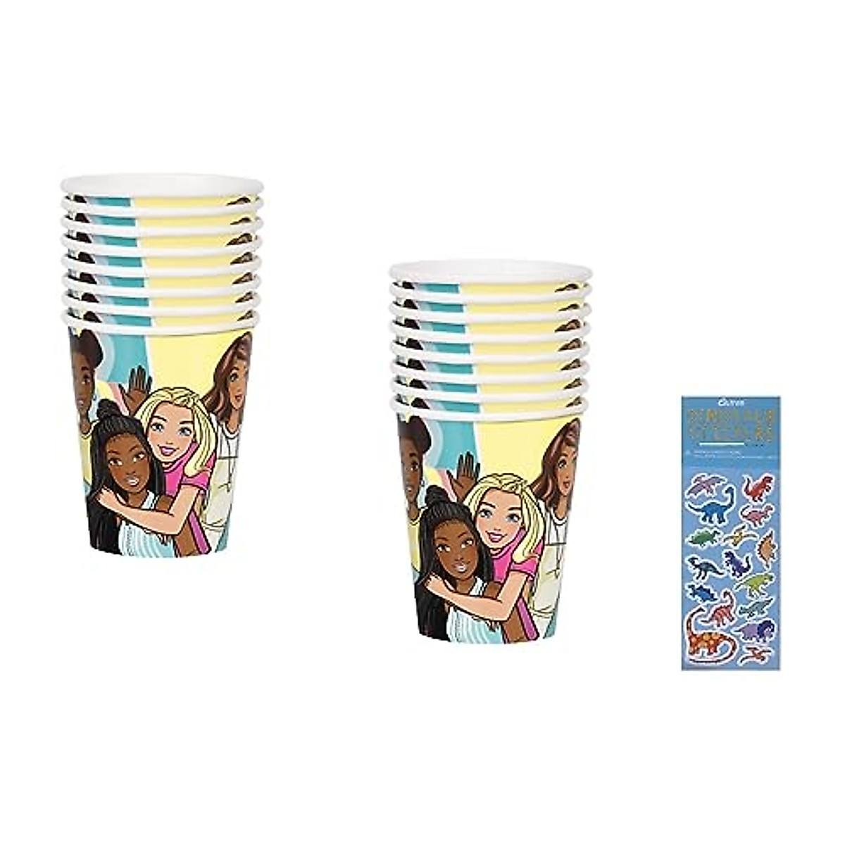 Unique Barbie Birthday Party Supplies Bundle includes 16 Party Paper Cups and 1 Dinosaur Sticker Sheet