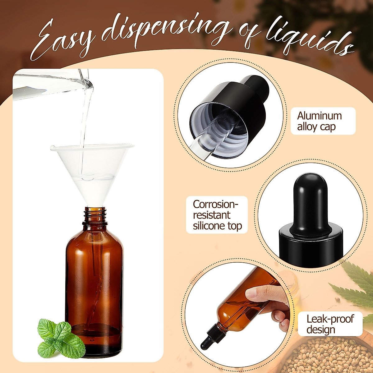 Lallisa 48 Pcs Glass Dropper Bottles with Eye Dropper Dispensers Lab Dropping Bottles with 4 Pcs Long Pipettes 4 Funnel and 80 Label for Travel Cuticle Massage Essential Oils Perfume (Amber,4 oz)