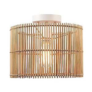 Globe Electric 65901 1-Light Flush Mount Ceiling Light, Matte White, Natural Bamboo Shade, Bulb Not Included