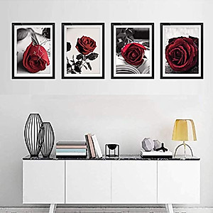 FWK Modern Black And White Photo Wall Art Red Rose Wall Art Paintings Set of 4 Rosy Floral Photo Decor for Bedroom Living Room Home Decor Gift Frameless (8 inchX10 inch Canvas Picture)